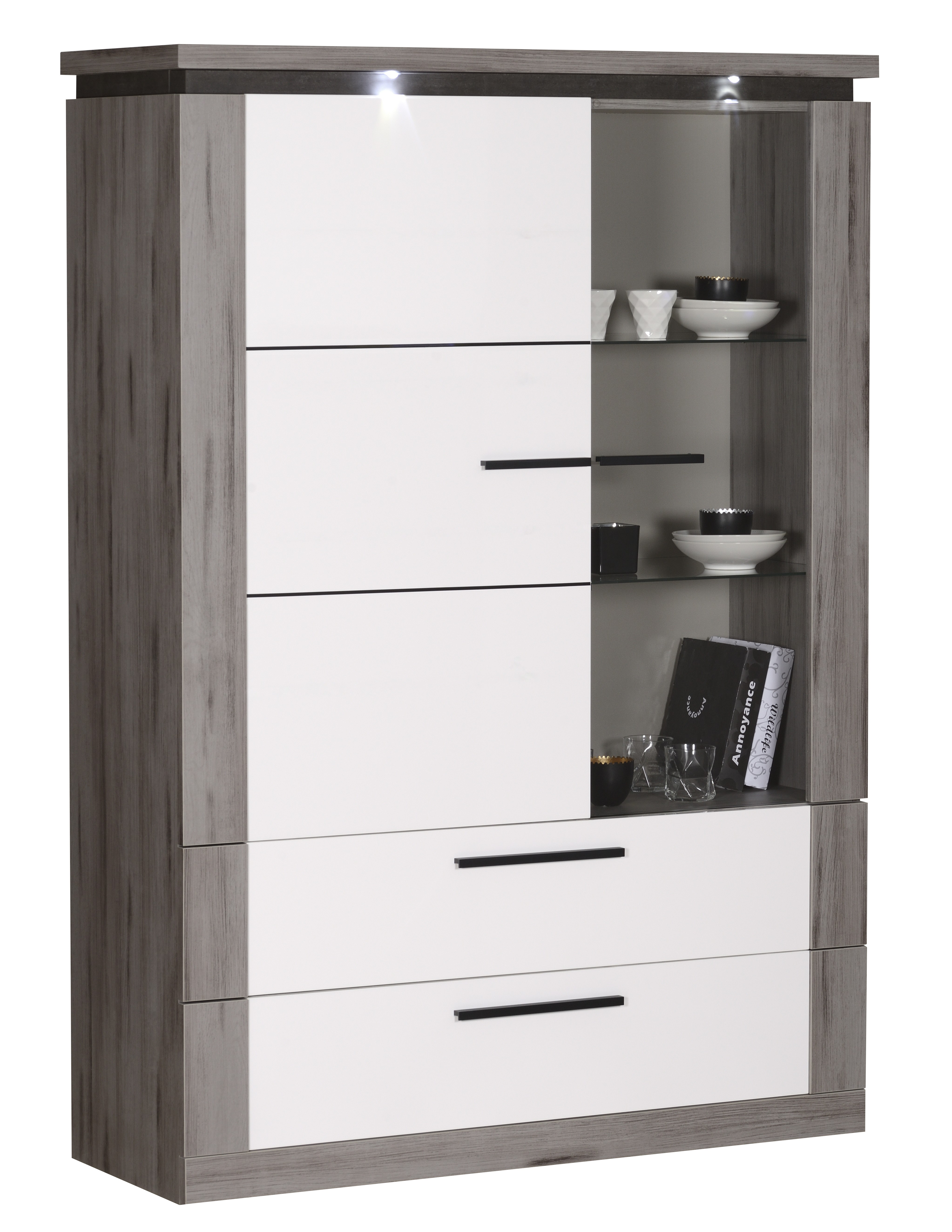 Bahut haut lumineux 2 portes 2 tiroirs chêne gris et laqué blanc Oscaro ...