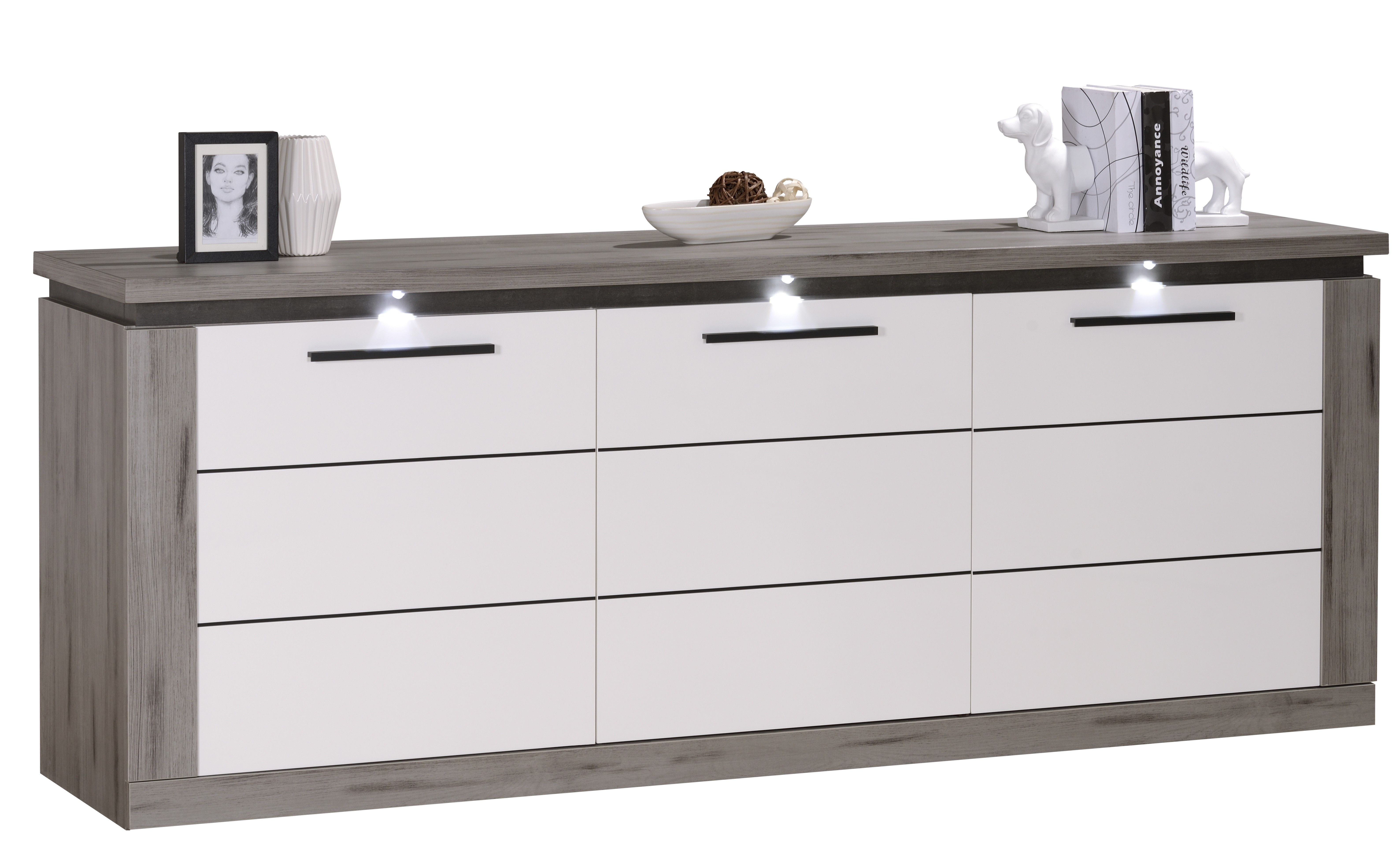 Bahut lumineux chêne gris et laqué blanc Oscar | LesTendances.fr