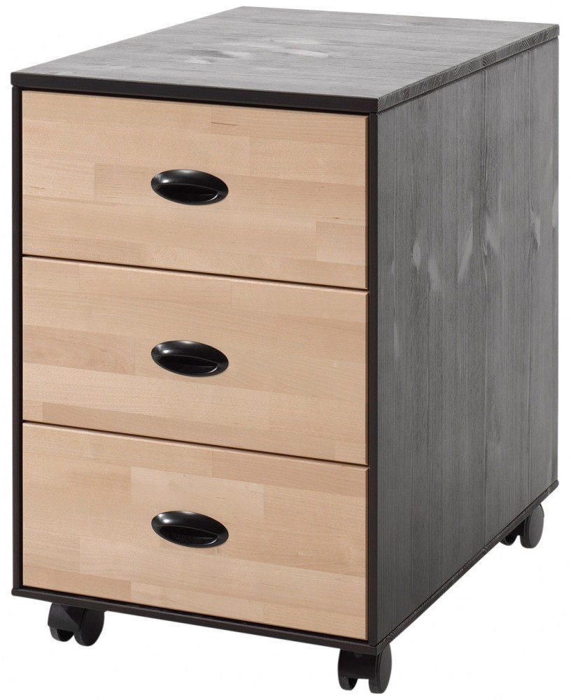 Caisson sur roulettes 3 tiroirs bois massif clair et gris Arna ...