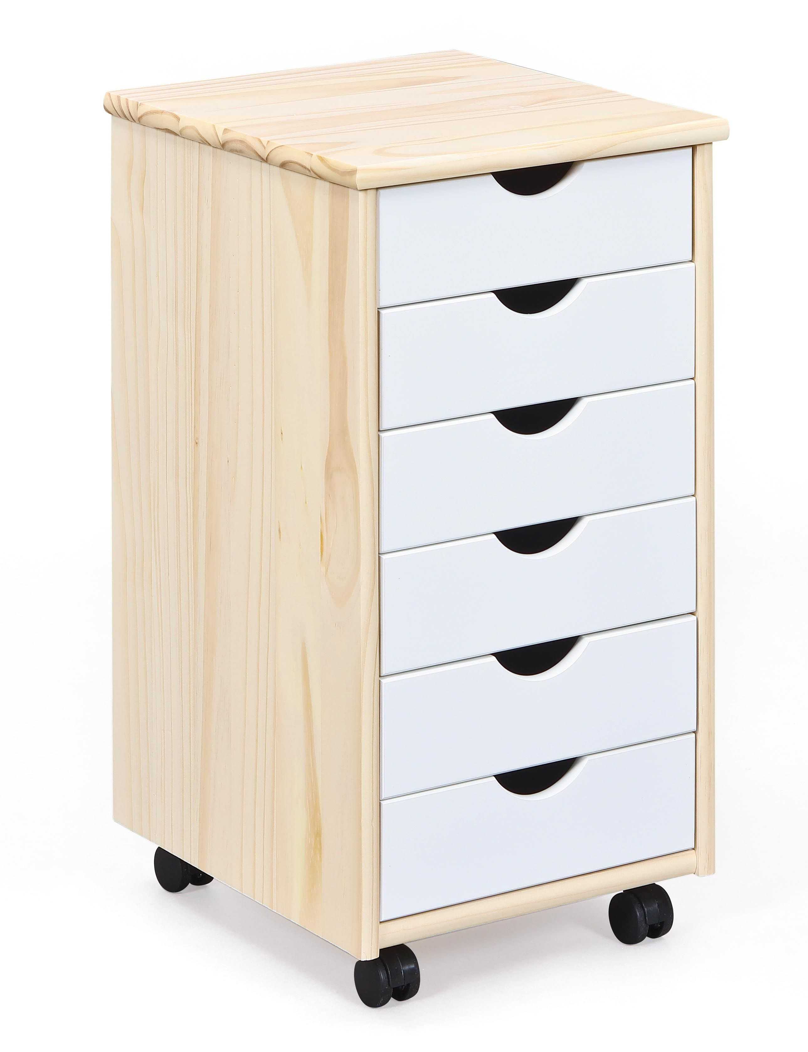 Caisson sur roulettes 6 tiroirs bois massif clair et blanc Rubi ...