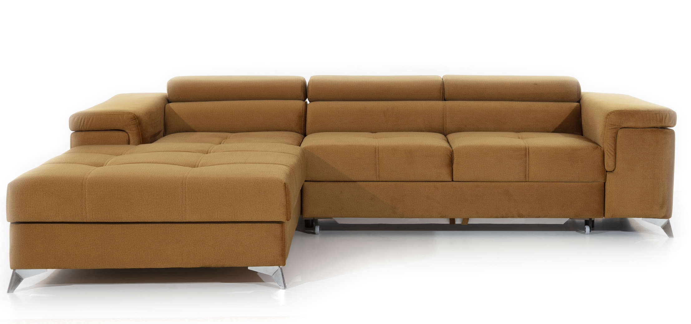 Canapé d'angle convertible velours appuis-tête réglables RIKARO - Coffre et pieds acier chromé ...