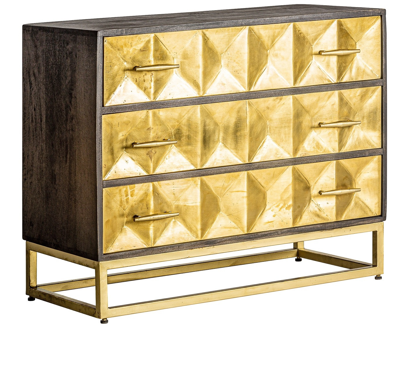Commode 3 tiroirs métal doré et bois massif foncé Kopa 95 cm | LesTendances.fr