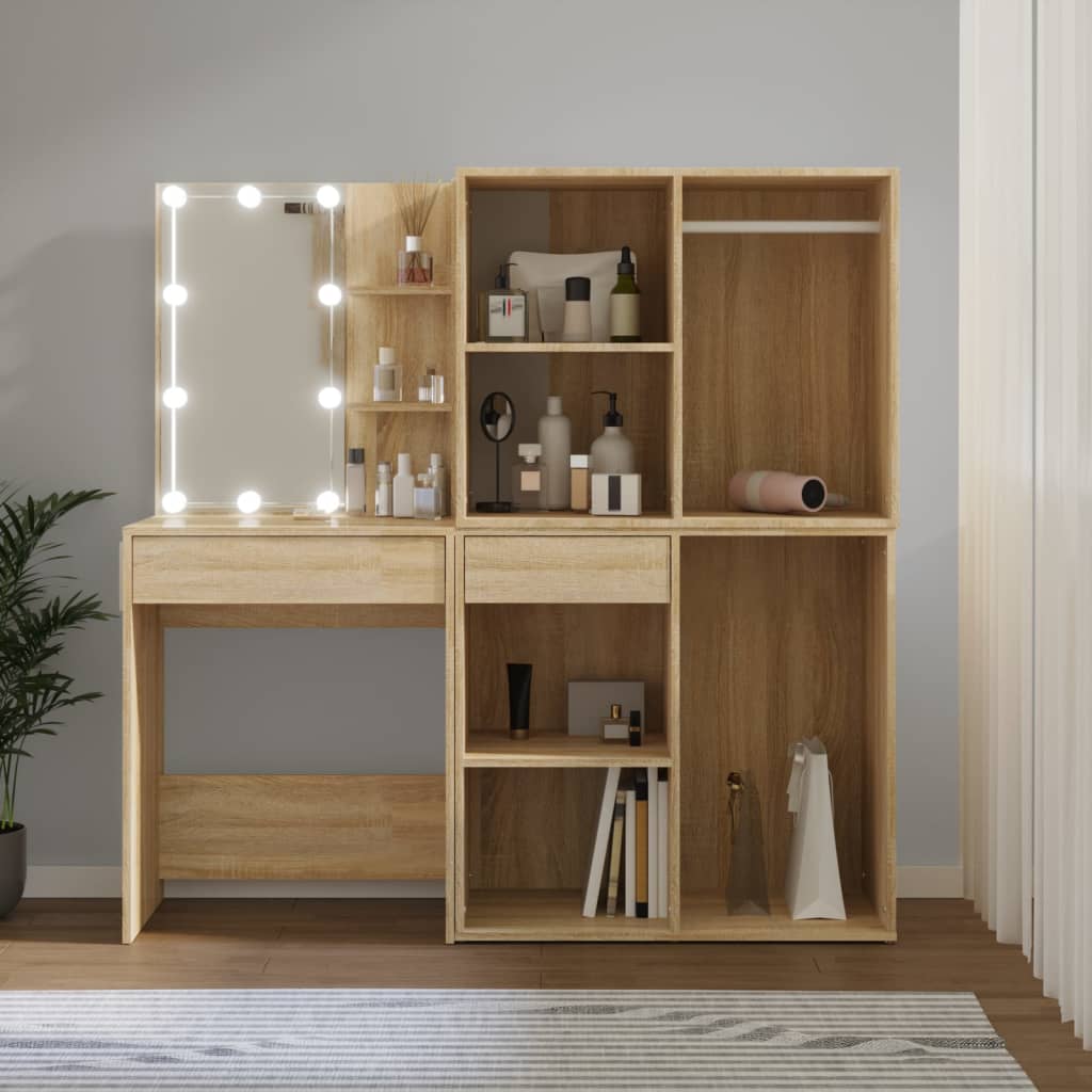Home - Coiffeuse à LED avec 2 armoires Chêne sonoma Bois d'ingénierie ...
