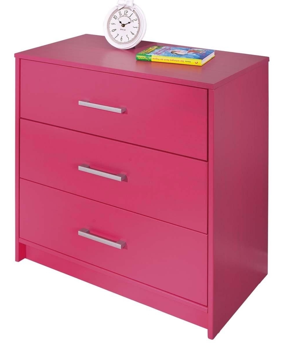 Commode 3 tiroirs pin massif rose fuchsia York | LesTendances.fr
