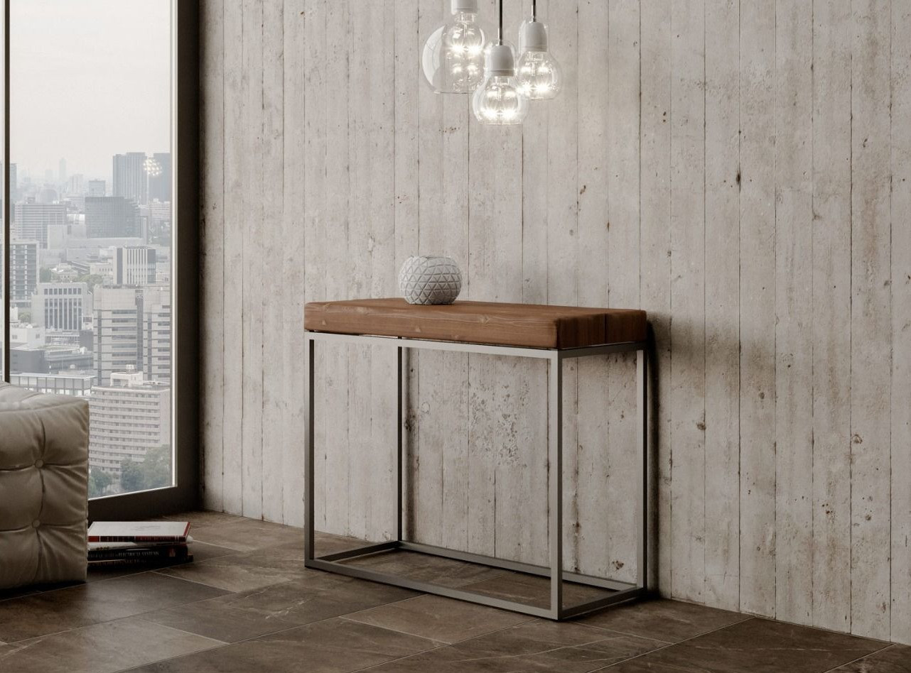 Tozani - Console extensible pin massif foncé et pieds métal anthracite ...