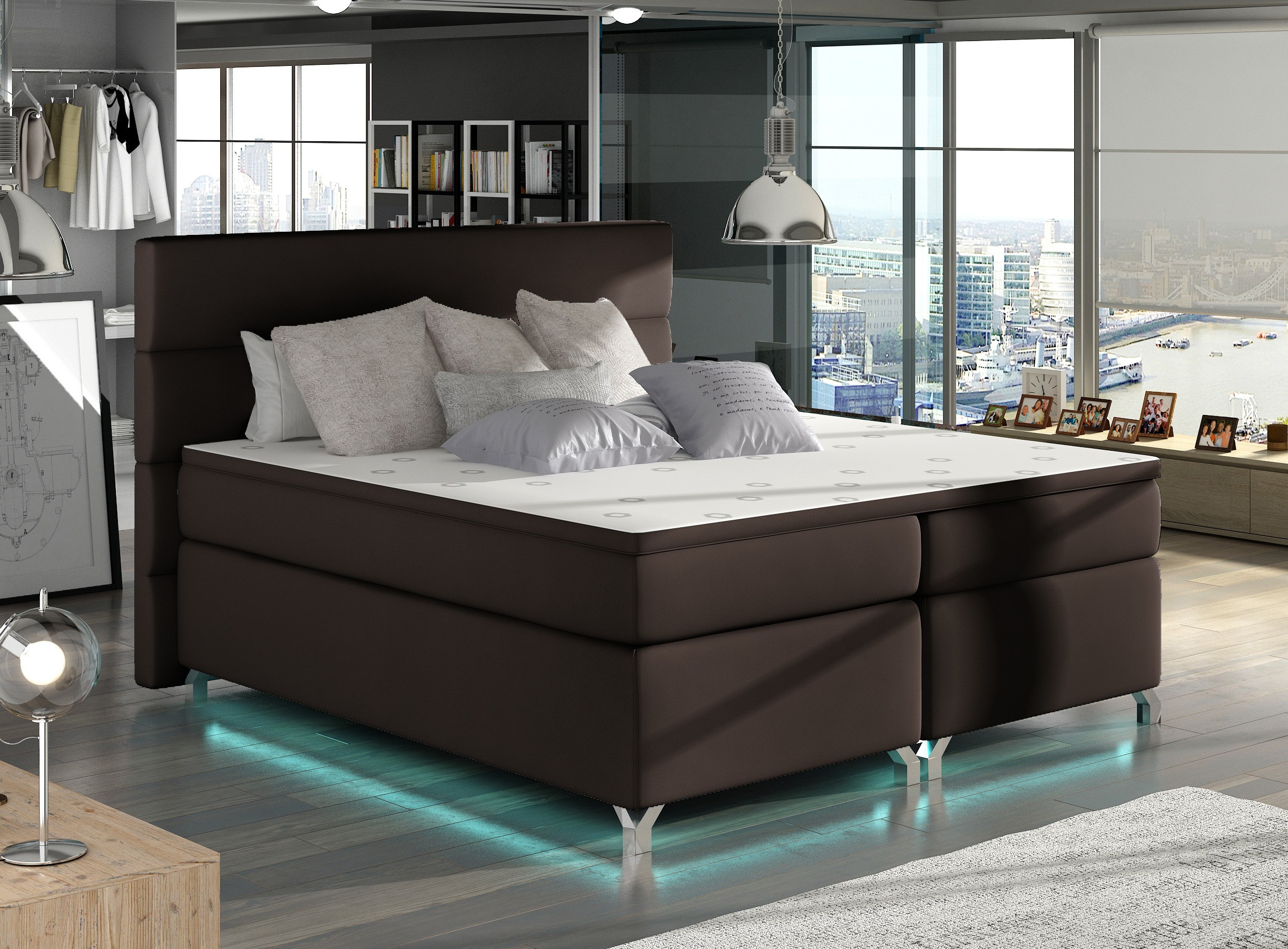 Design style - Lit boxspring 140x200 cm simili cuir marron Mador ...