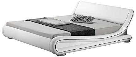 Lit design 140x190 cm simili cuir blanc liseré noir Amor | LesTendances.fr