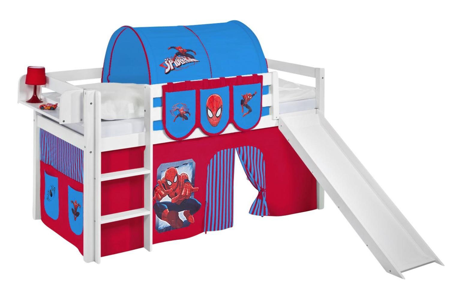 Spiderman - Lit mezzanine blanc avec toboggan et rideau Spiderman ...