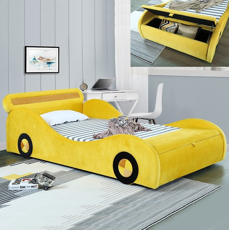 Lit voiture avec coffre tissu jaune Racer 90x190 cm | LesTendances.fr
