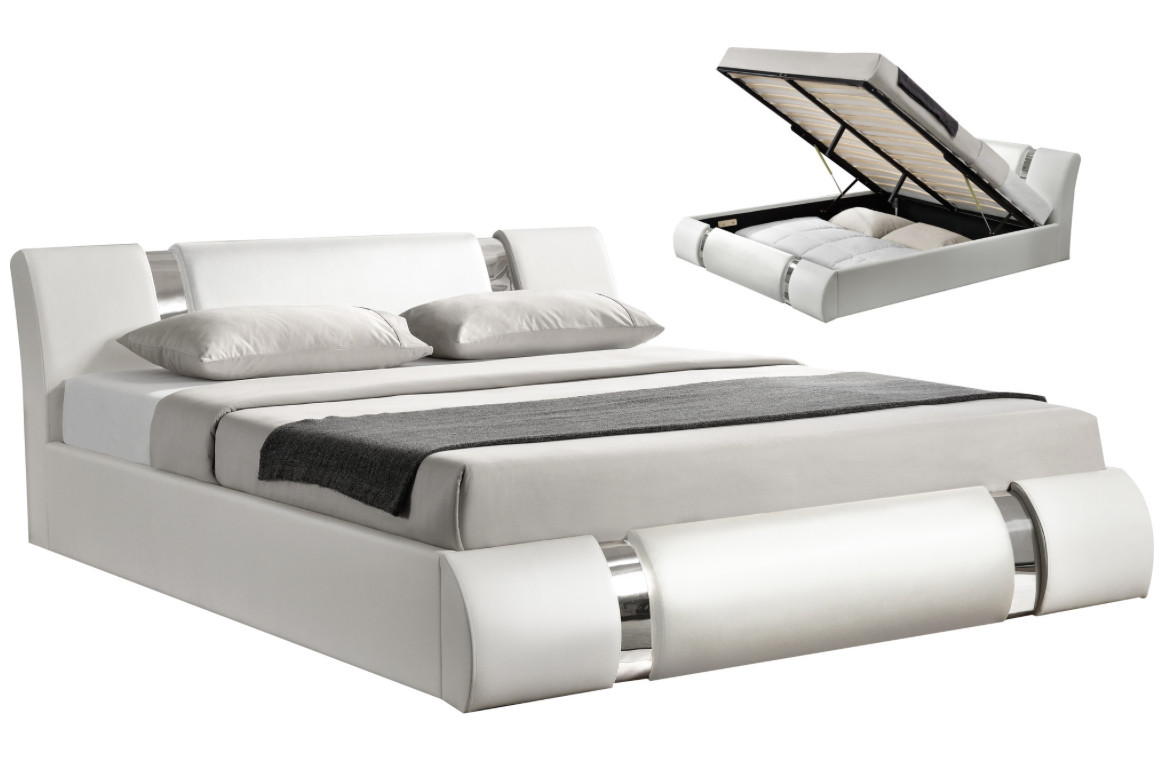 Lit design coffre 140x190 cm similicuir blanc et métal Ange ...