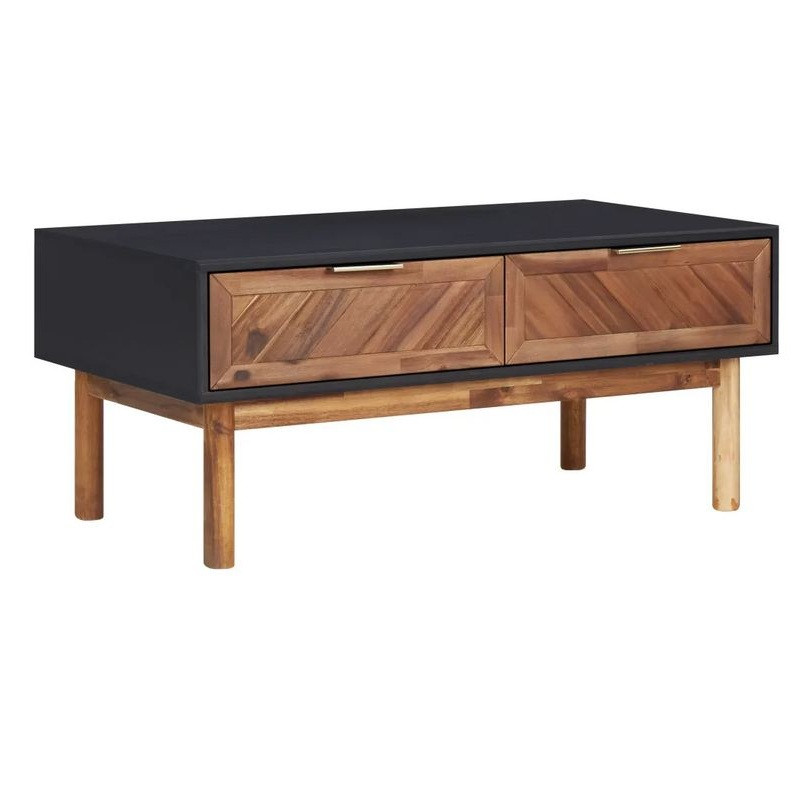 Home - Table basse 2 tiroirs acacia massif foncé et noir Alty 90 cm | LesTendances.fr