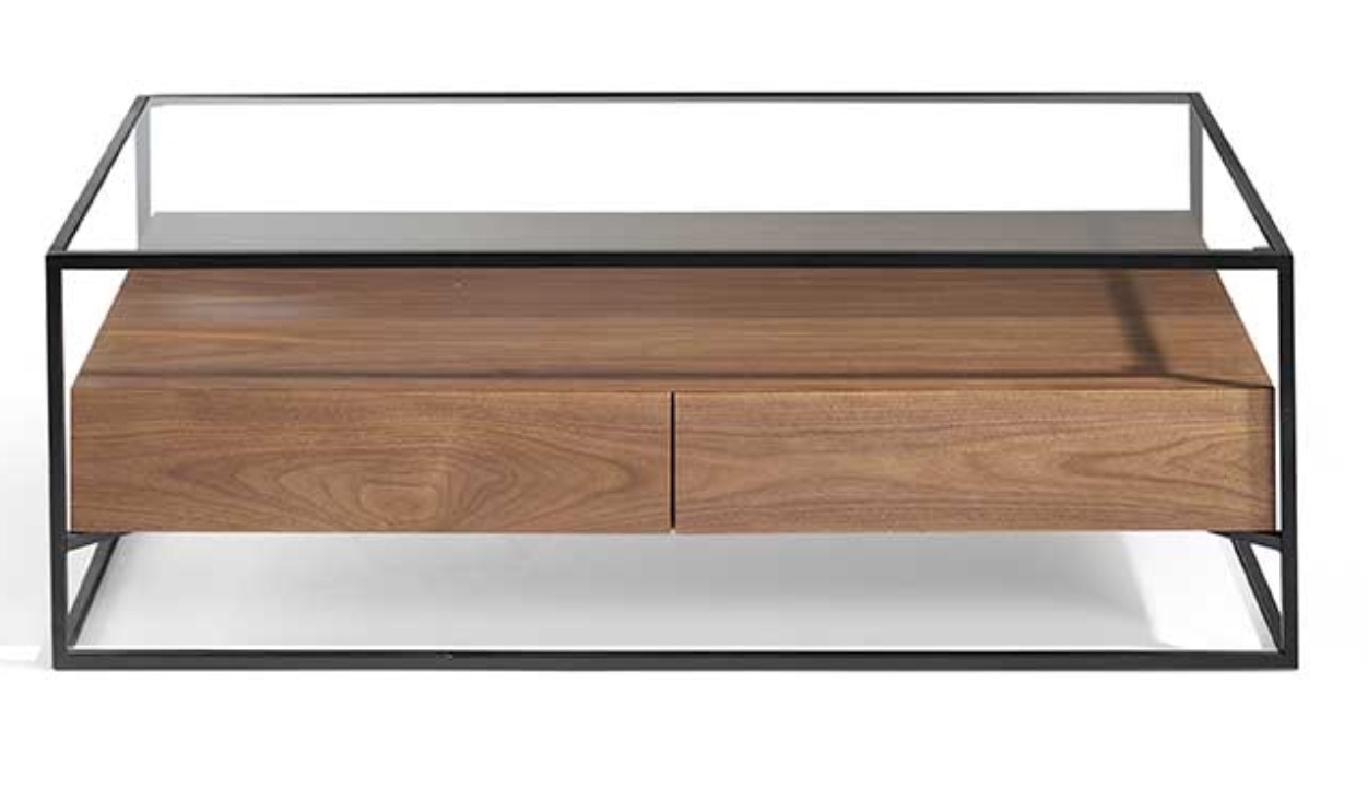 table basse 2 tiroirs bois de noyer et pieds métal noir Baliko 120 cm | LesTendances.fr