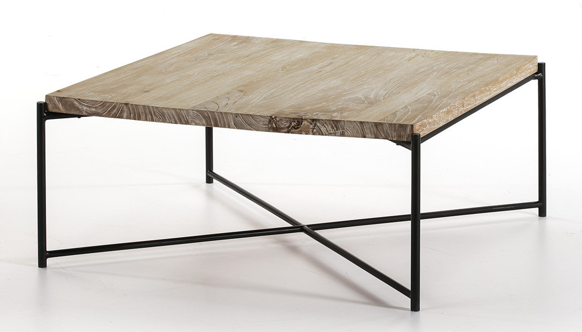Table basse carrée bois massif clair et pieds métal noir 90 cm | LesTendances.fr