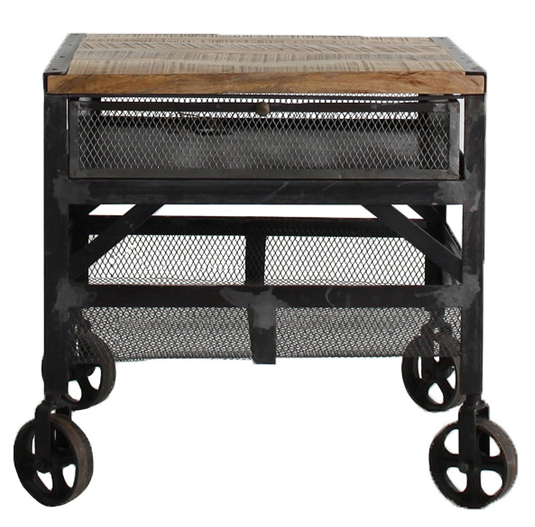 V Home - Table d'appoint à roulettes manguier massif foncé et métal ...