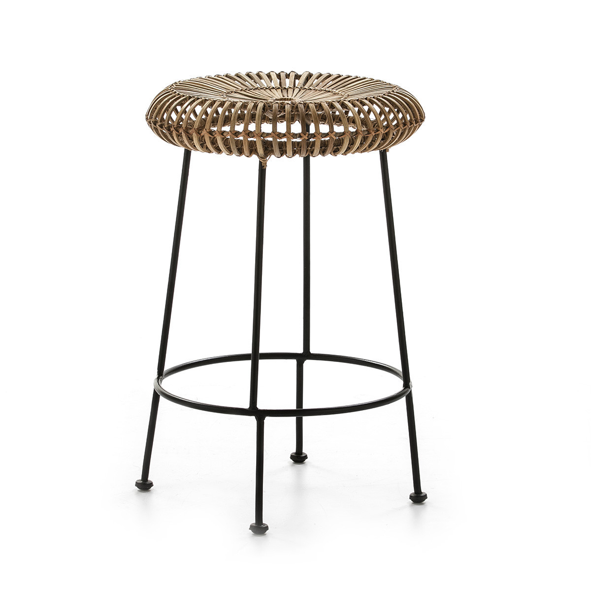 Thai Mobilier - Tabouret bas rond osier naturel et métal noir Gael ...