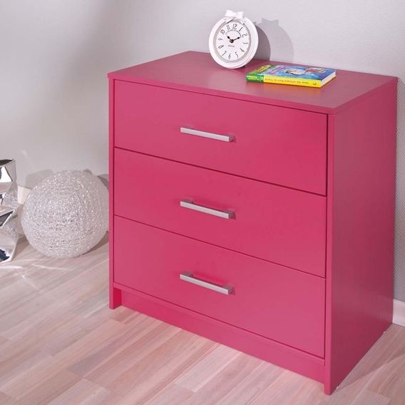 Commode 3 tiroirs pin massif rose fuchsia York | LesTendances.fr
